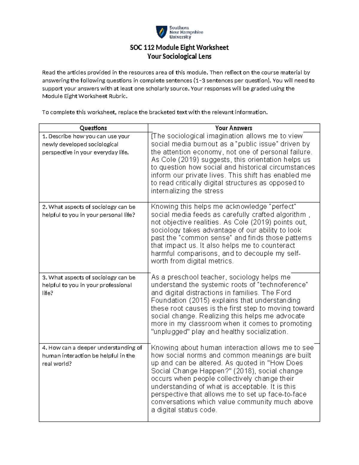 SOC 112 Module 8 Worksheet: Applying Sociological Perspectives - Studocu