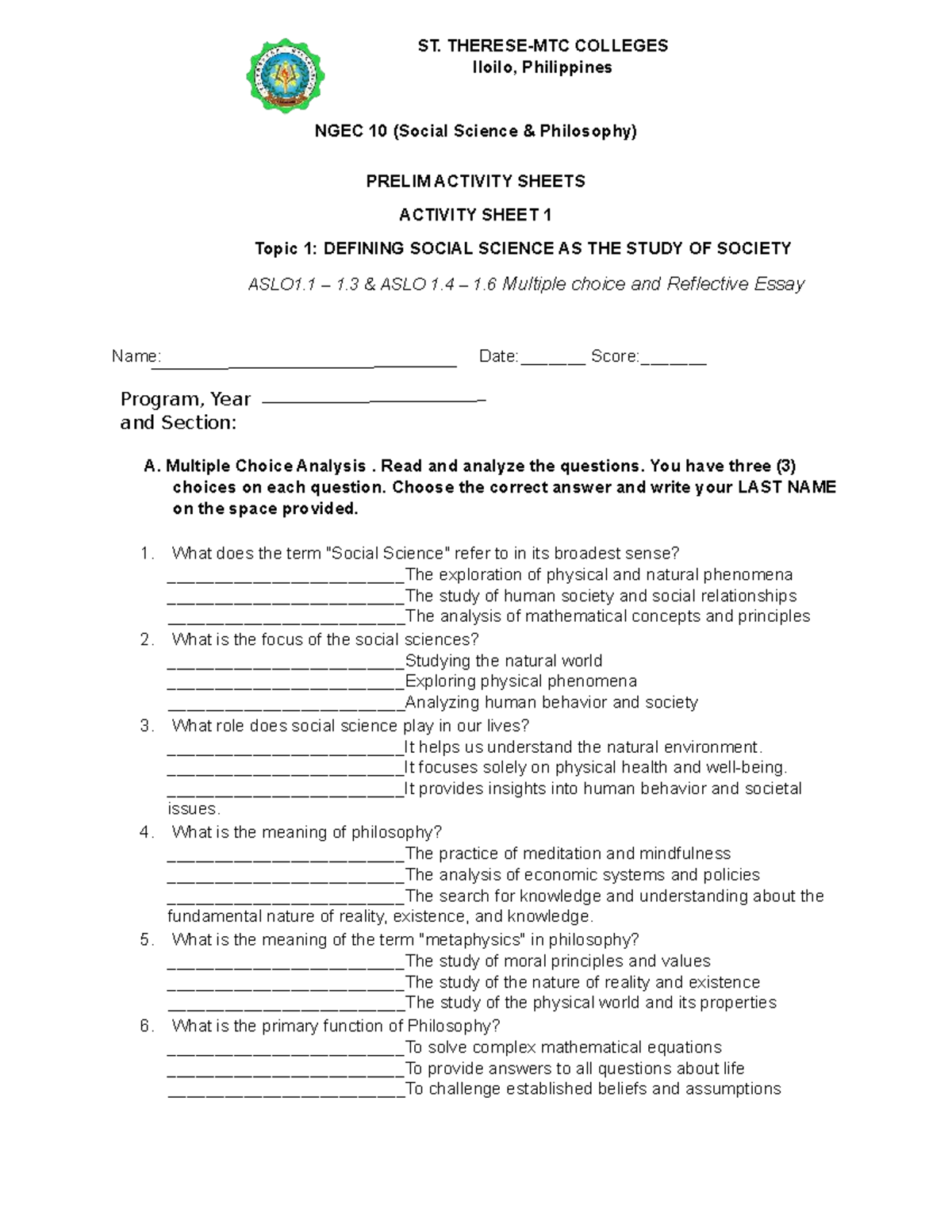 NGEC 10 Prelim Activity Sheets: Social Science Philosophy Insights ...