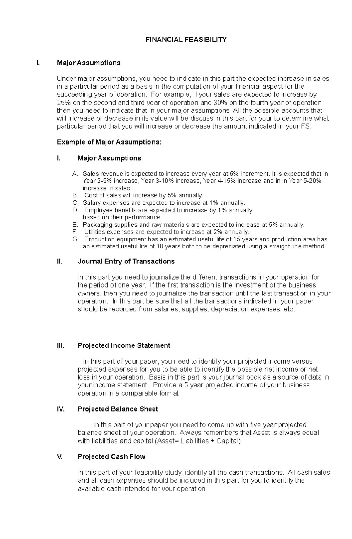 Feasib 4 - FINANCIAL FEASIBILITY I. Major Assumptions Under major ...
