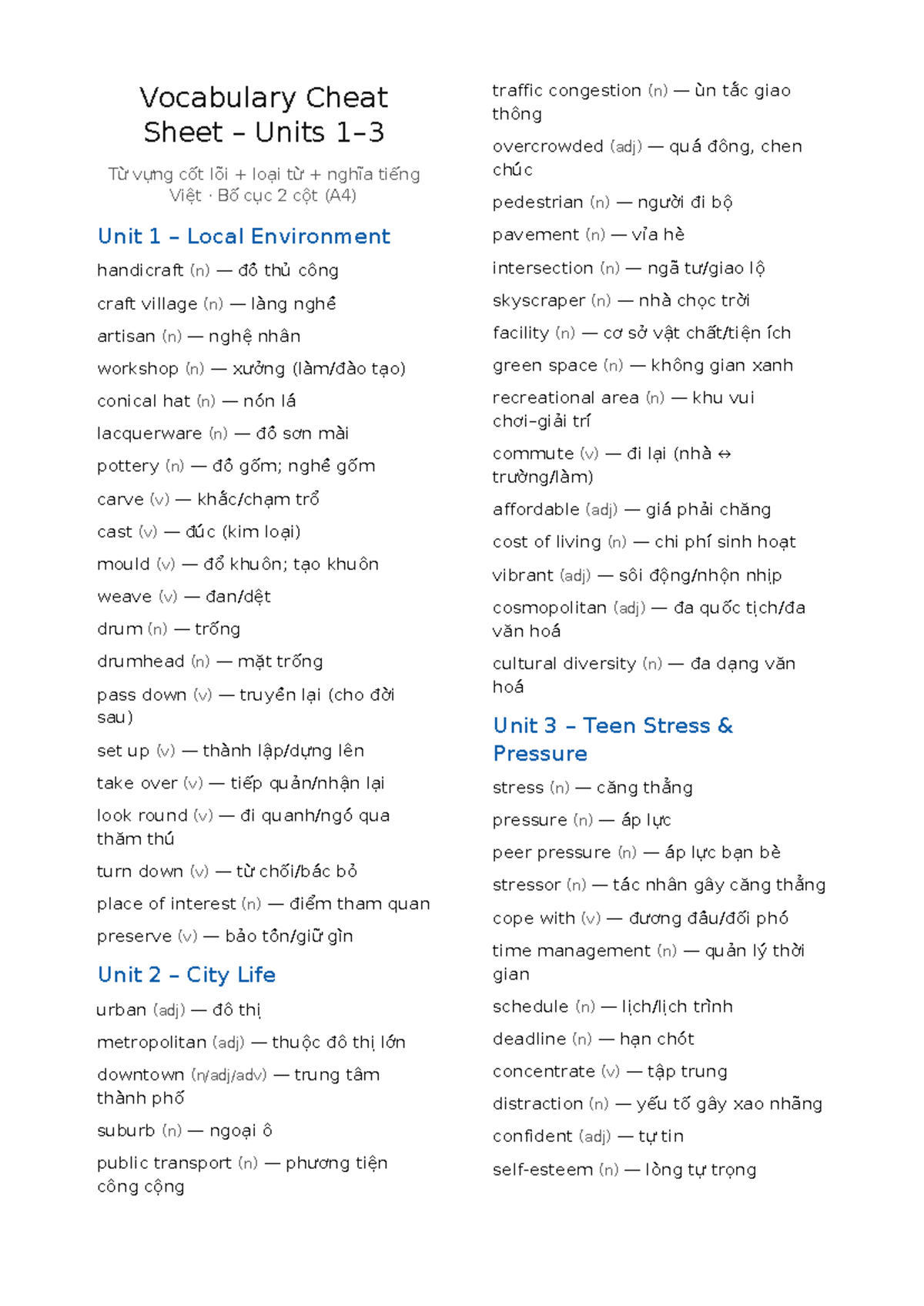 WW3 Vocabulary Cheat Sheet: Units 1-3 Core Terms in Vietnamese - Studocu