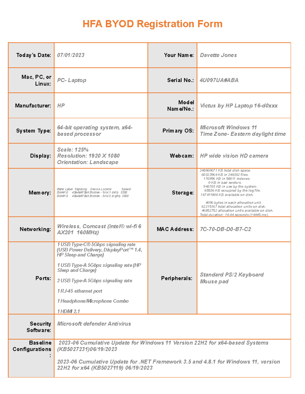 HFA BYOD Registration Form - Project 1 Submission by Davette Jones ...