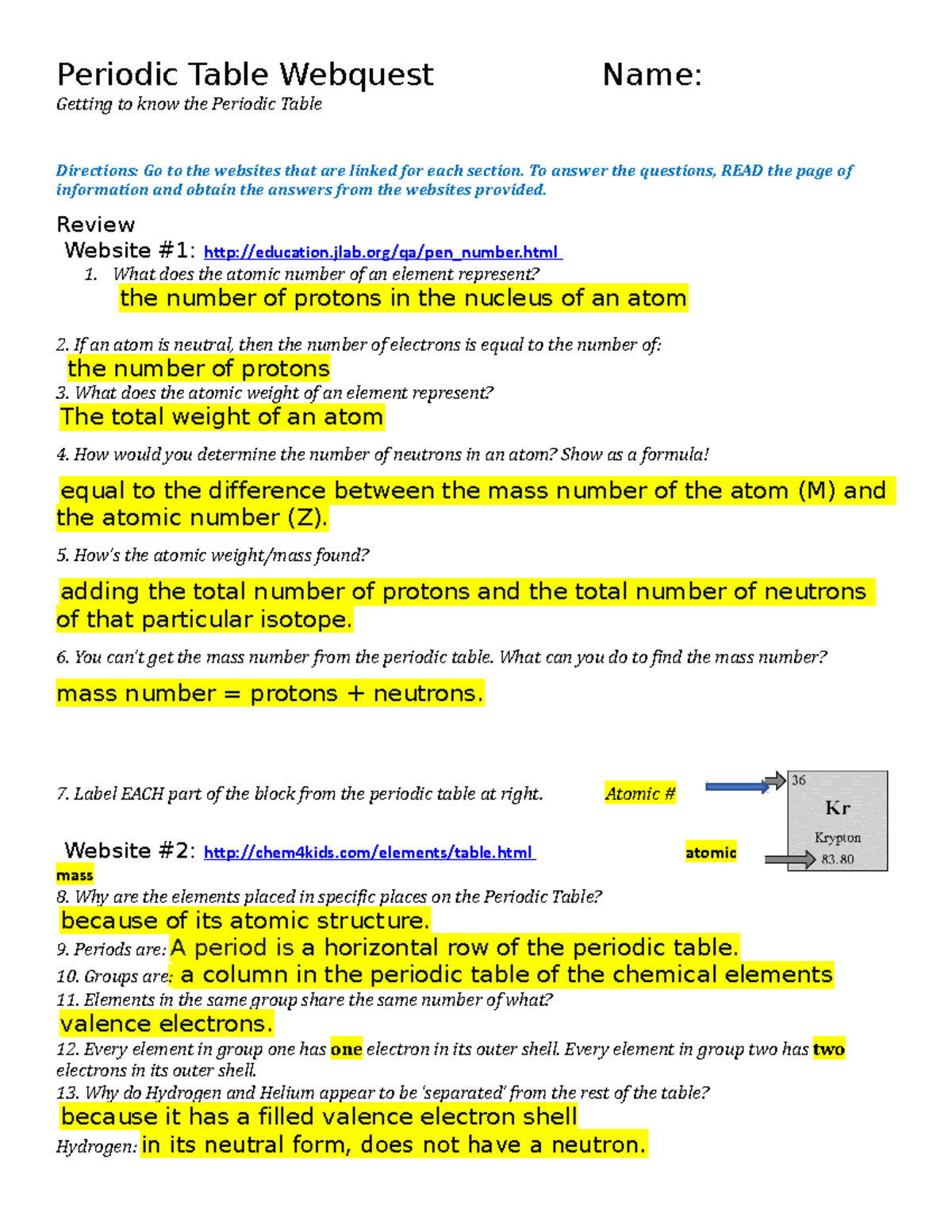 Getting To Know The Periodic Table Answer Key Quizlet - Infoupdate.org