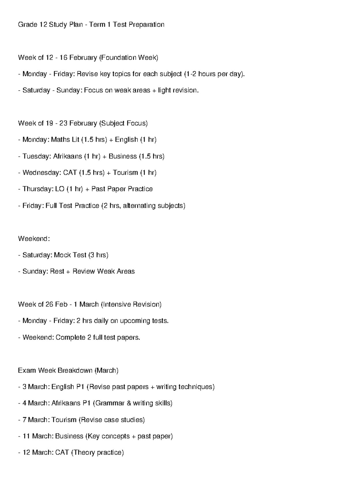 Study Plan Term1 - SCHEDULE - Grade 12 Study Plan - Term 1 Test ...