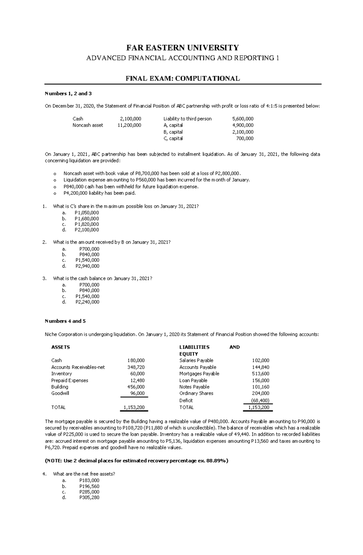 AFAR Final Exam - Advanced Financial Accounting & Reporting 1 - Studocu
