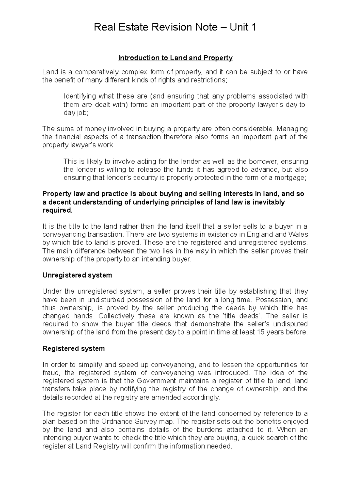 Real Estate Revision Notes - Unit 1: Introduction to Land & Property ...