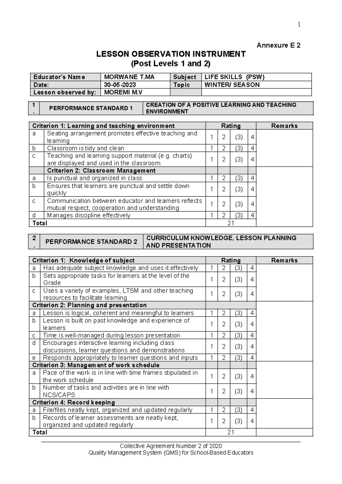 Annexure E2 Lesson Observation Instrument for Post Levels 1 & 2 - Studocu