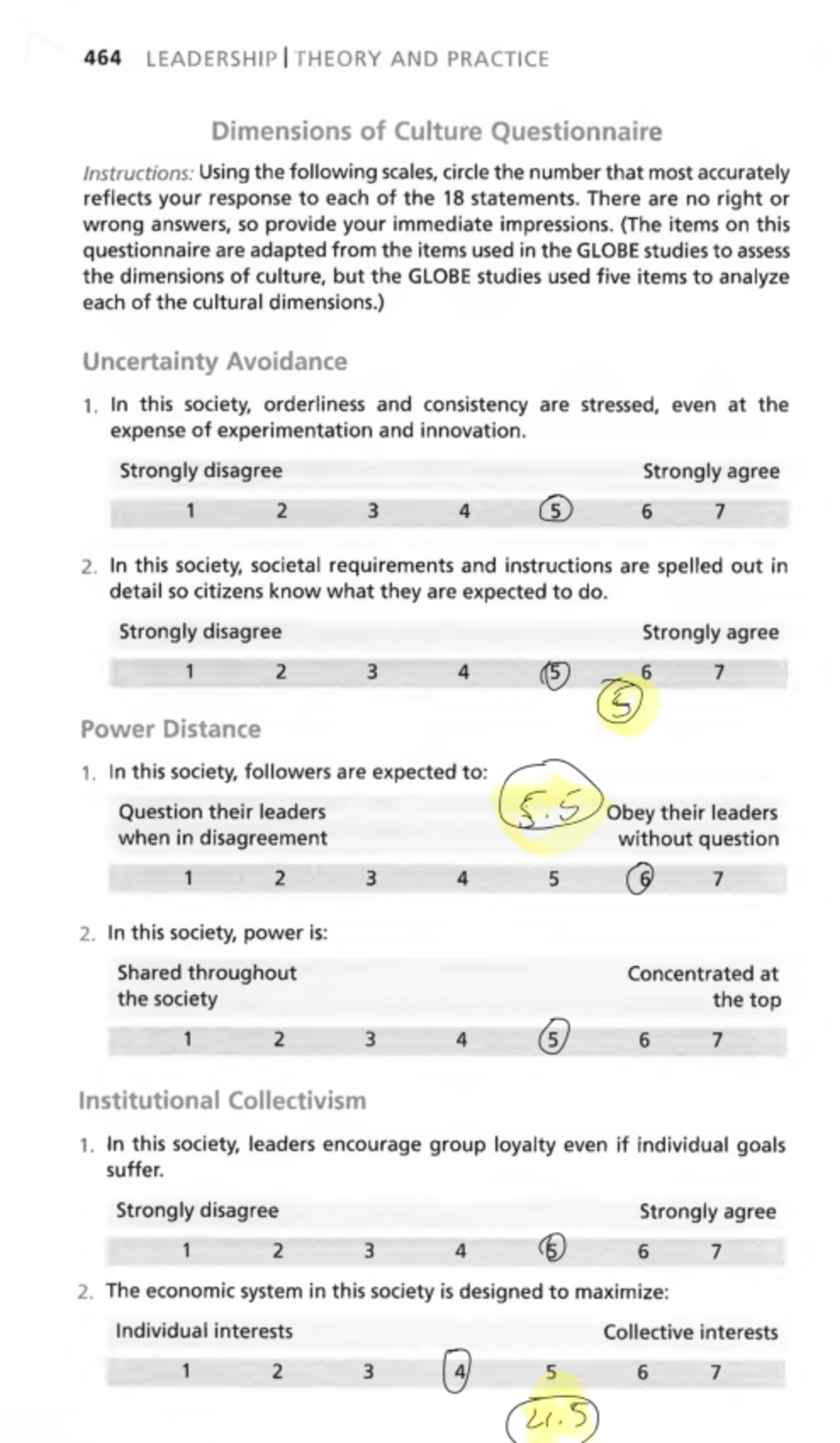 Dimensionsof Culture Questionnaire - 464 LEADERSHIP I THE ORY AND ...