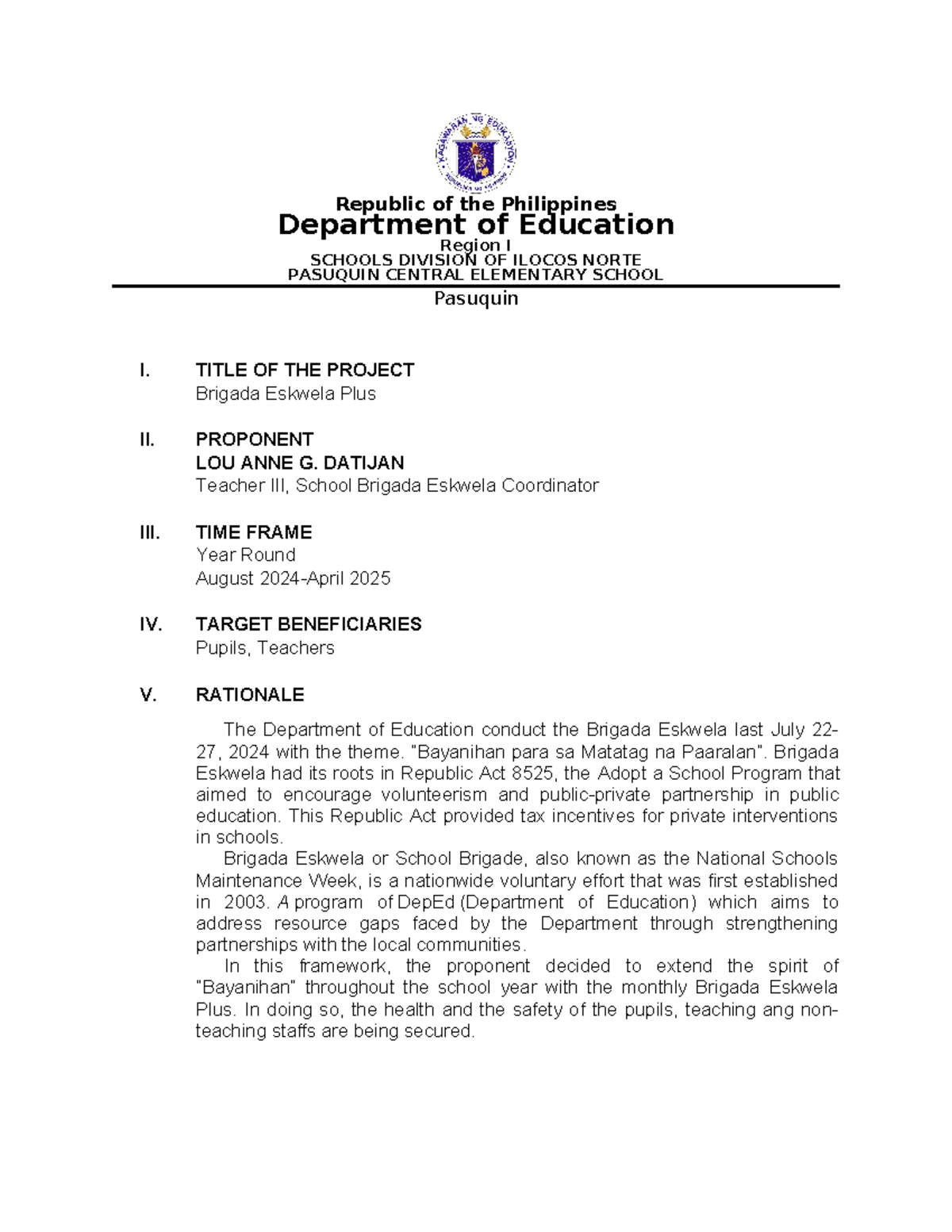 Brigada Eskwela Plus Project Proposal for SY 2024-2025 - Studocu