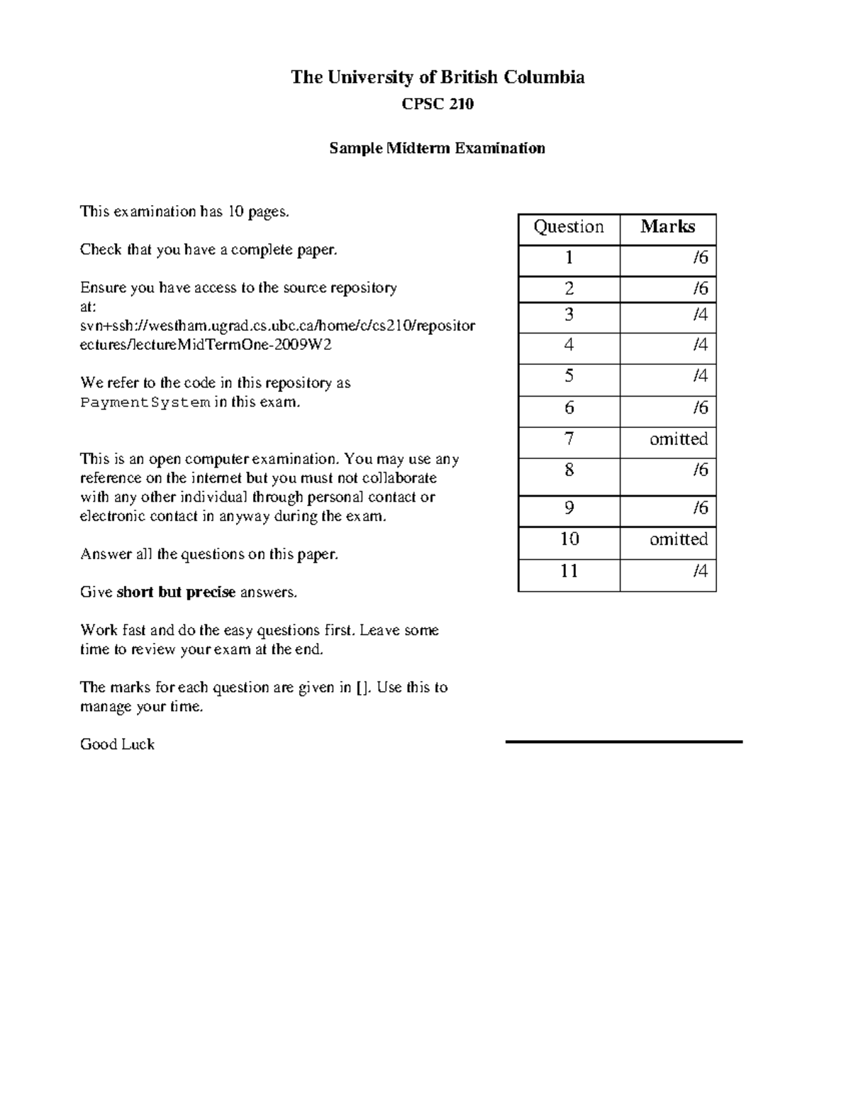 CPSC 210 Sample Midterm Exam 1 - 2009 Version Insights - Studocu