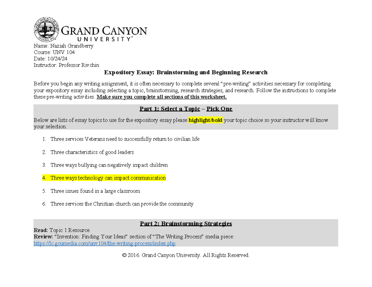 UNV-104-Worksheet: Brainstorming & Research for Expository Essay - Studocu