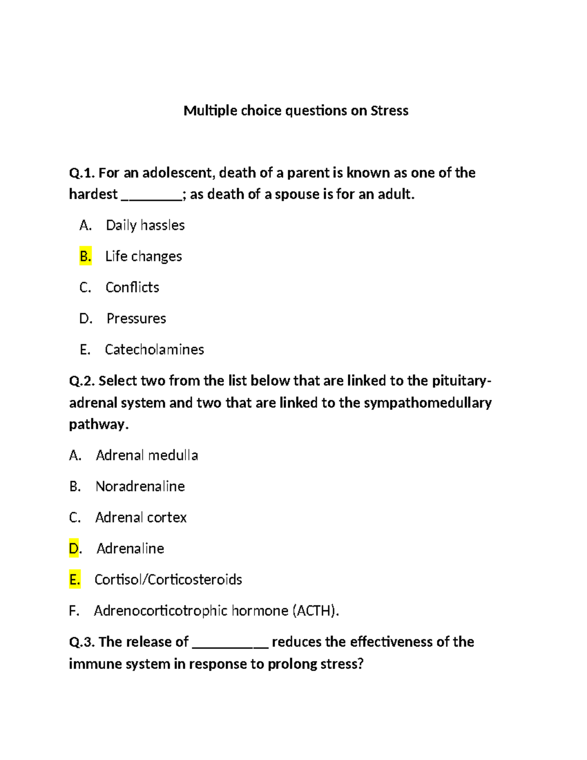Psychology Exam Paper 2: Multiple Choice Questions on Stress - Studocu