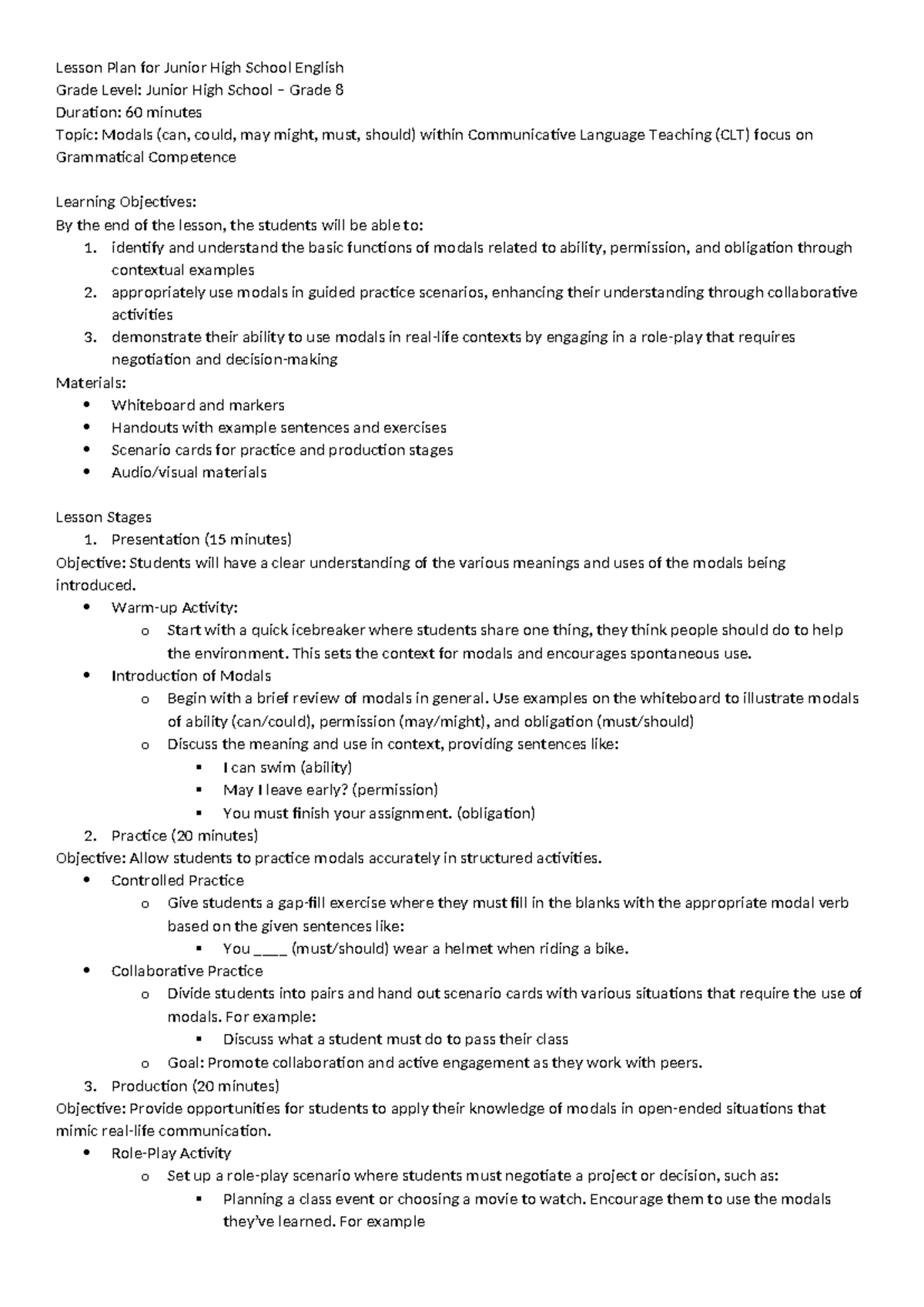 CLT Lesson PLAN - Lesson Plan for Junior High School English Grade ...