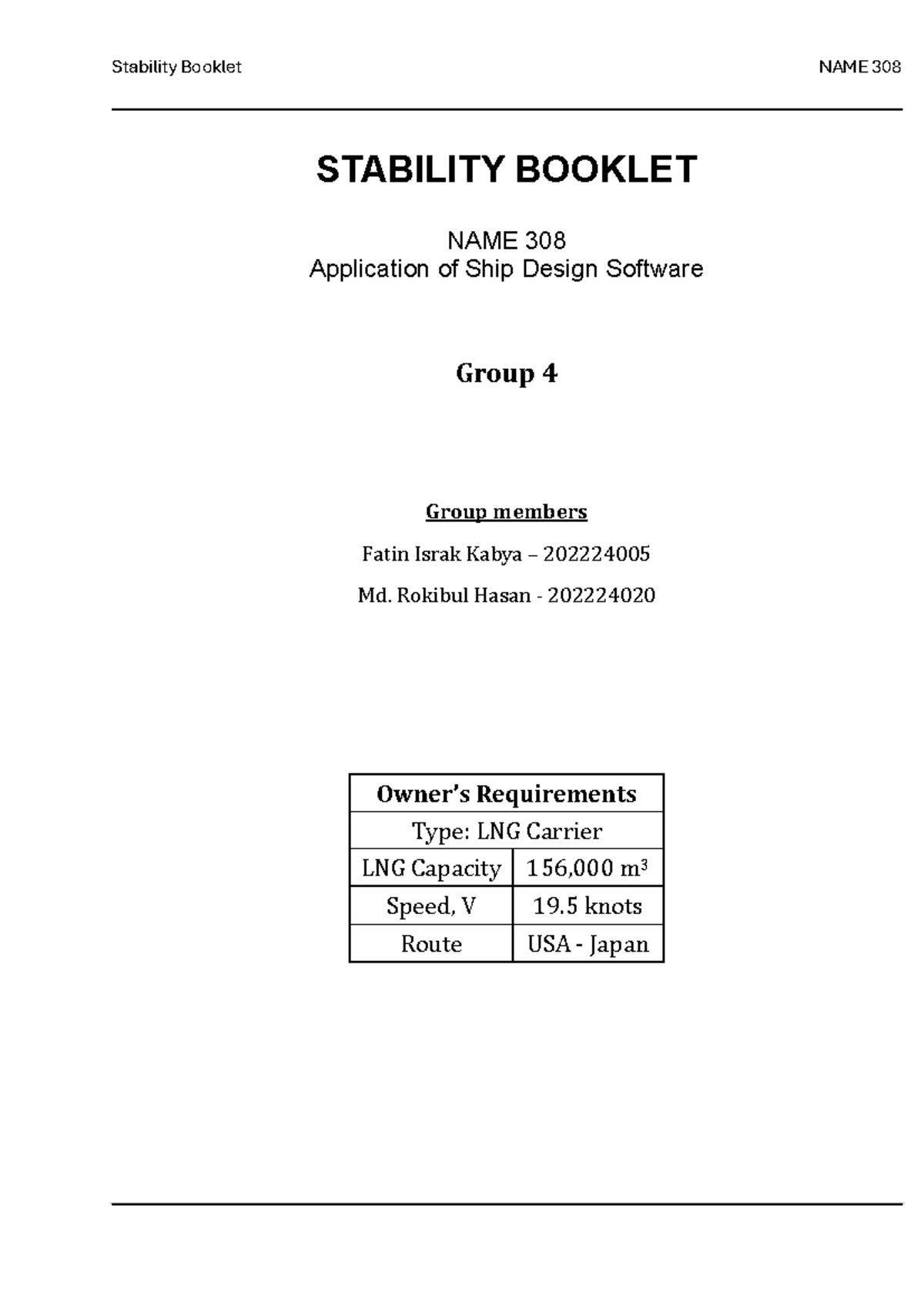 NAME 308 Stability Booklet: LNG Carrier Design Analysis and Data - Studocu
