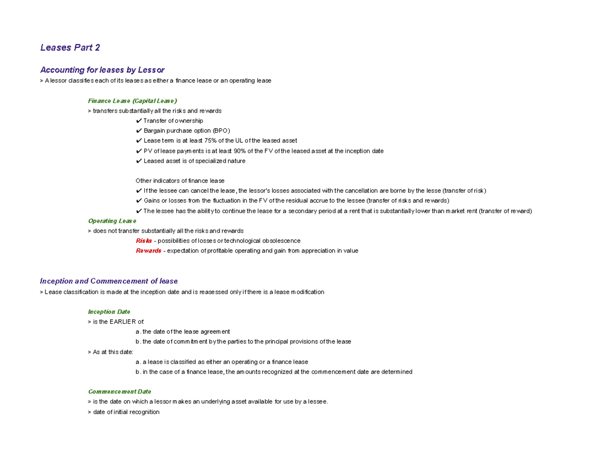 Chapter 8 Leases Part 2 - Detailed Summary and Key Concepts - Studocu