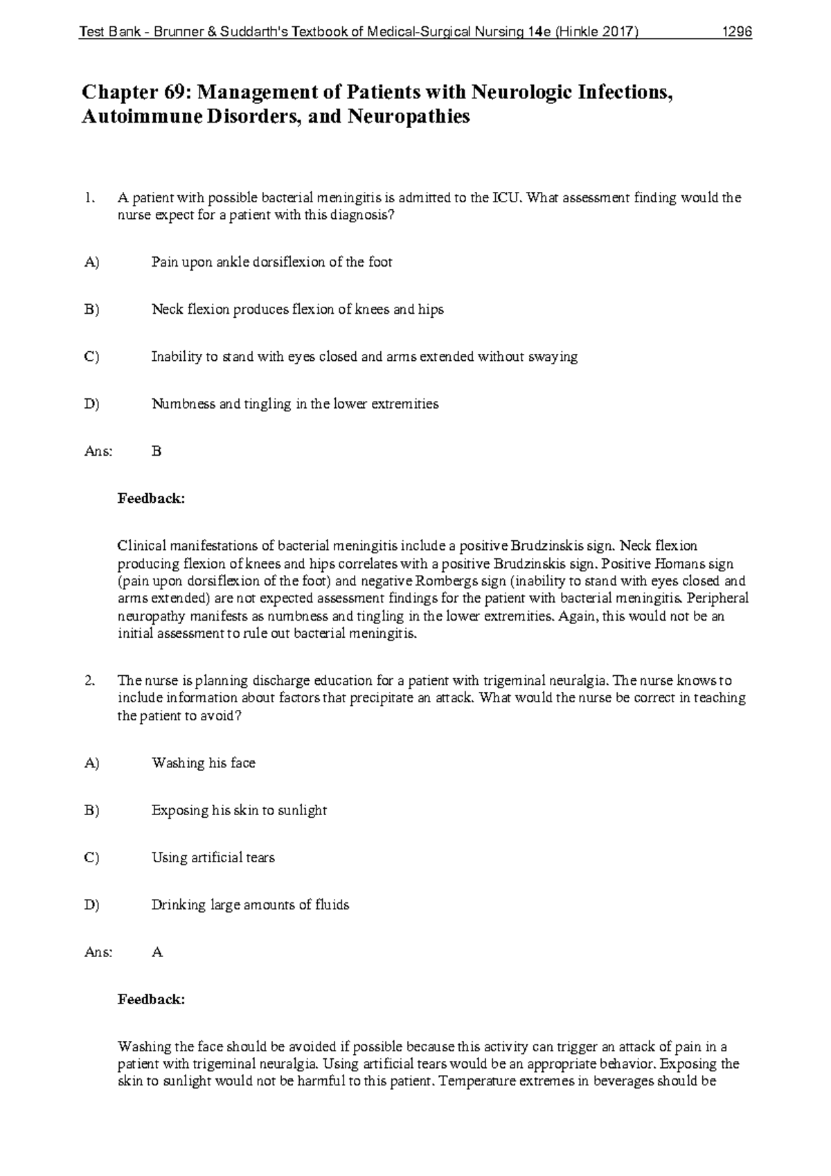 Ch 69 - Patient Management for Neurologic Infections & Disorders - Studocu