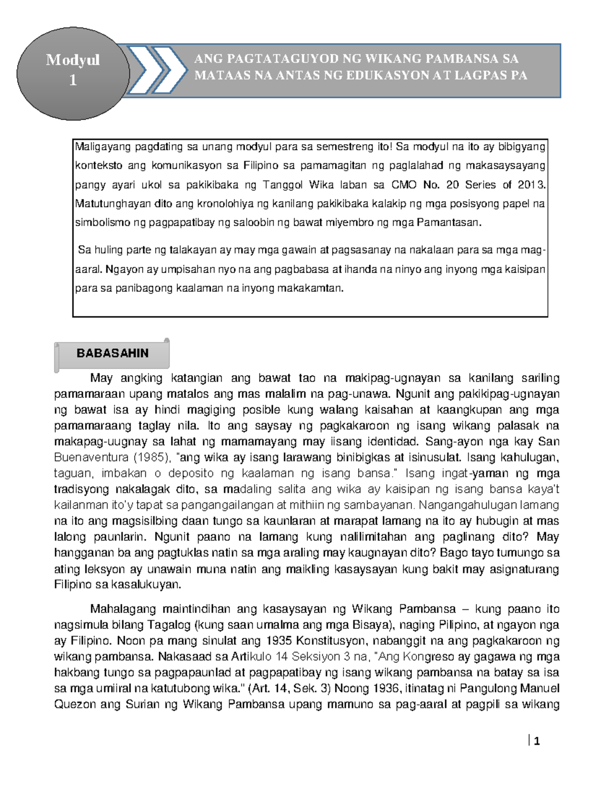 GEC10 Modyul 1 - module - Maligayang pagdating sa unang modyul para sa semestreng ito! Sa modyul ...
