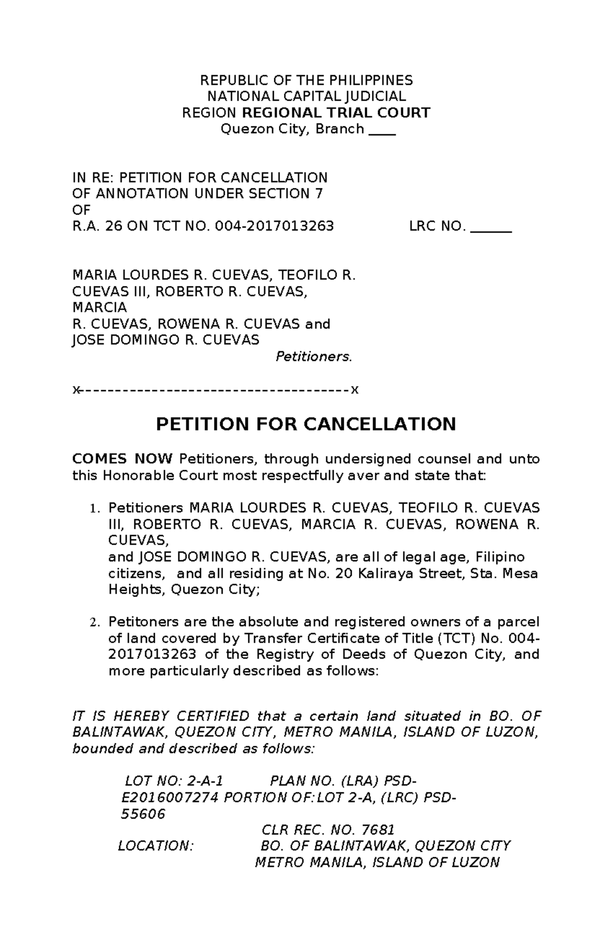 Petition for Cancellation of Annotation Under R.A. 26 - TCT No ...