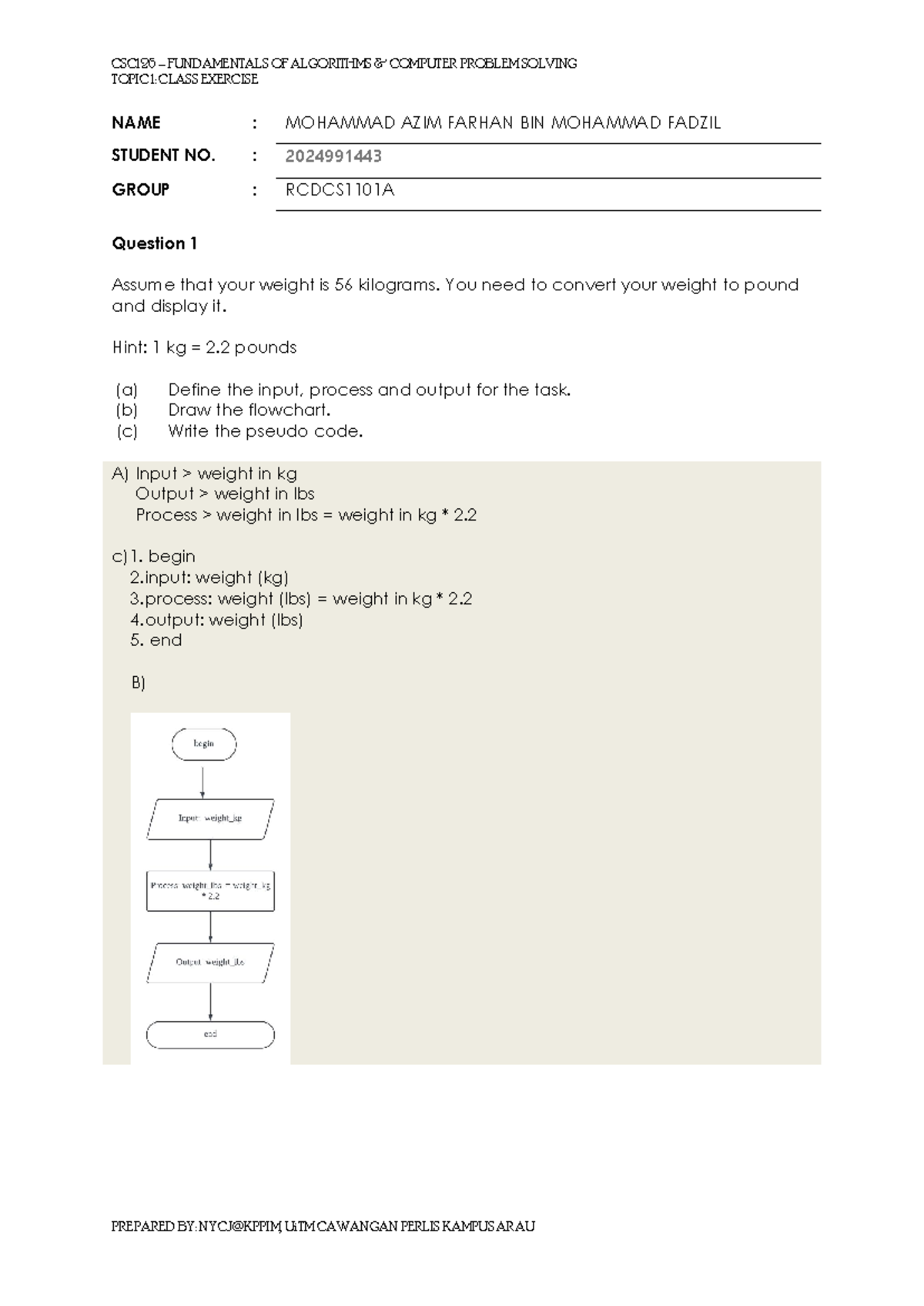 CSC126 - Topic 1 Class Exercise: Algorithms & Weight Conversion - Studocu