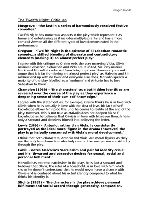 Twelfth Night Critics - Twelfth Night G. Gervinus (early 19th Century ...