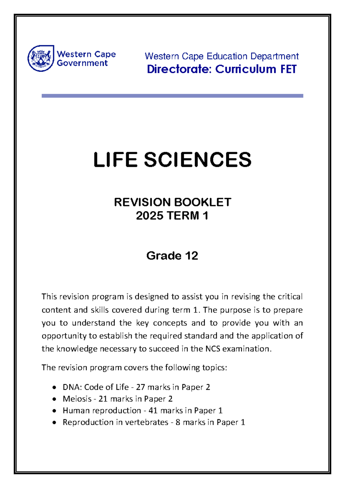 Life Sciences Revision Booklet Term 1 2025 for Grade 12 Students - Studocu