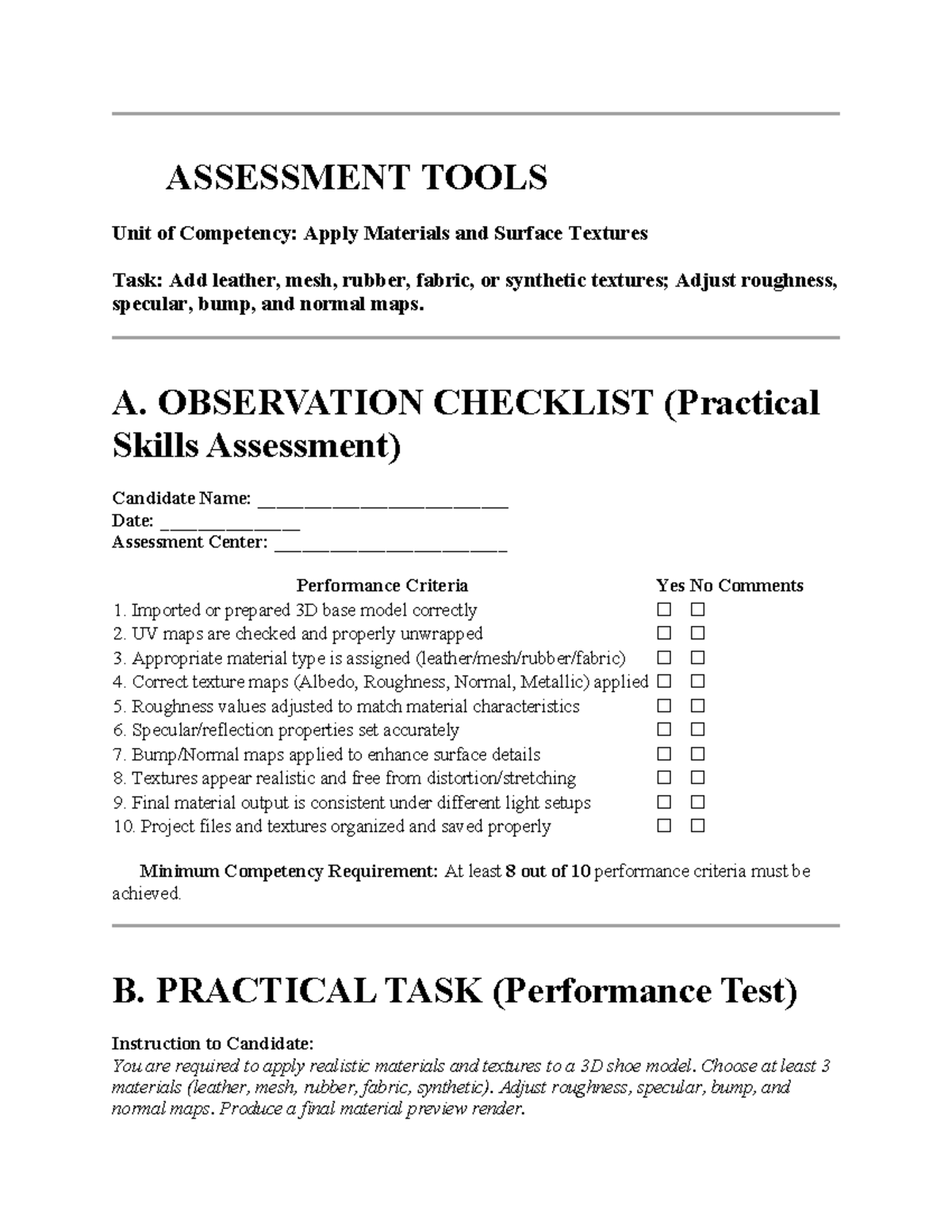 Assessment Tools: Apply Materials & Surface Textures (Practical Skills ...