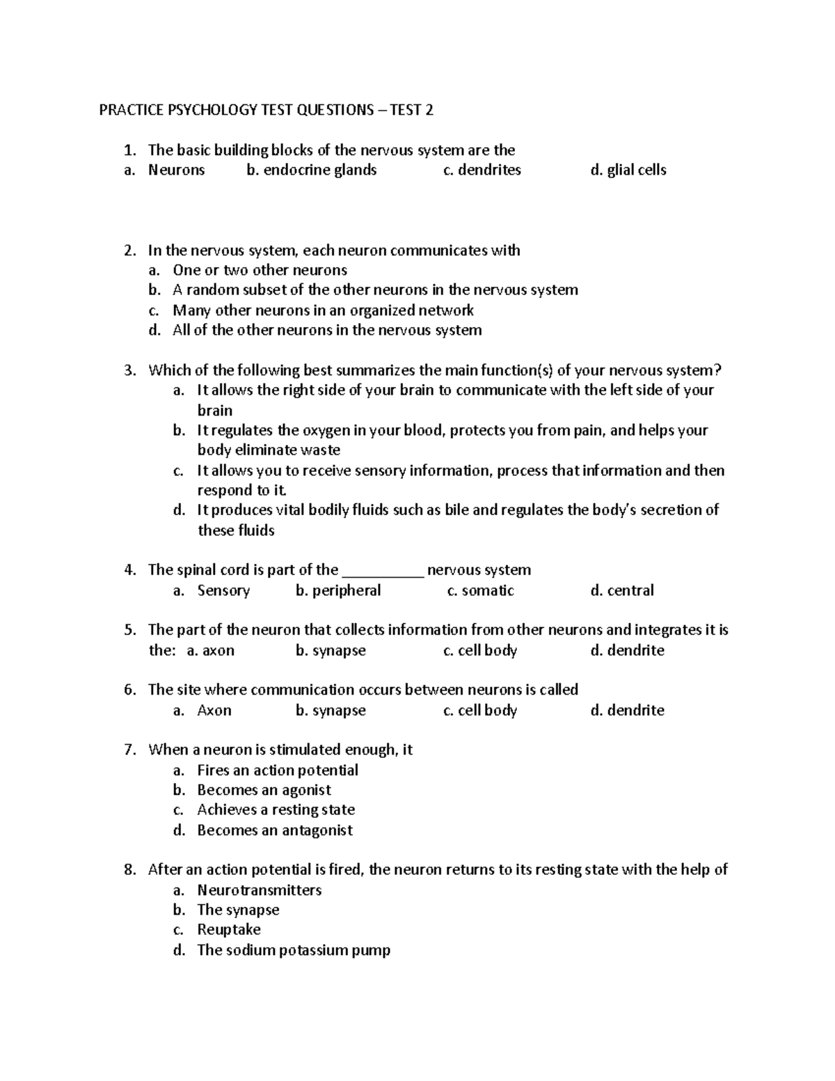 Practice Psychology Test 2 Questions and Answers - Studocu