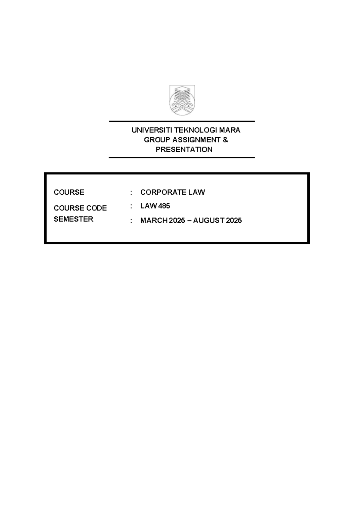 LAW 485: Group Assignment Presentation on Corporate Law Issues - Studocu