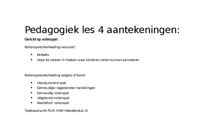 Pedagogiek Les 4: Rollenspel en Observaties voor PLV3 OMV - Studeersnel