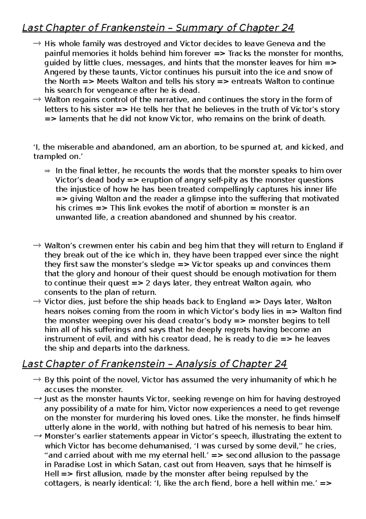 Frankenstein (Final Chapter) – Summary and Analysis of Chapter 24 - Studocu