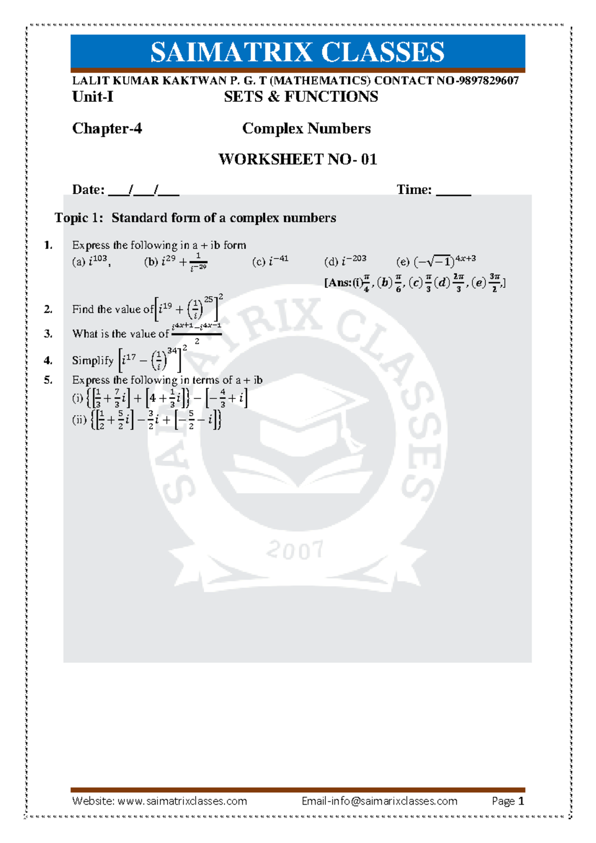 C-11 Complex Numbers Worksheet: Standard Form & Algebra - Studocu