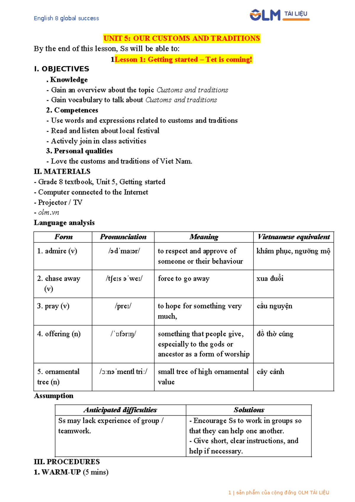 English 8 Global Success: Unit 5 - Our Customs and Traditions Overview ...