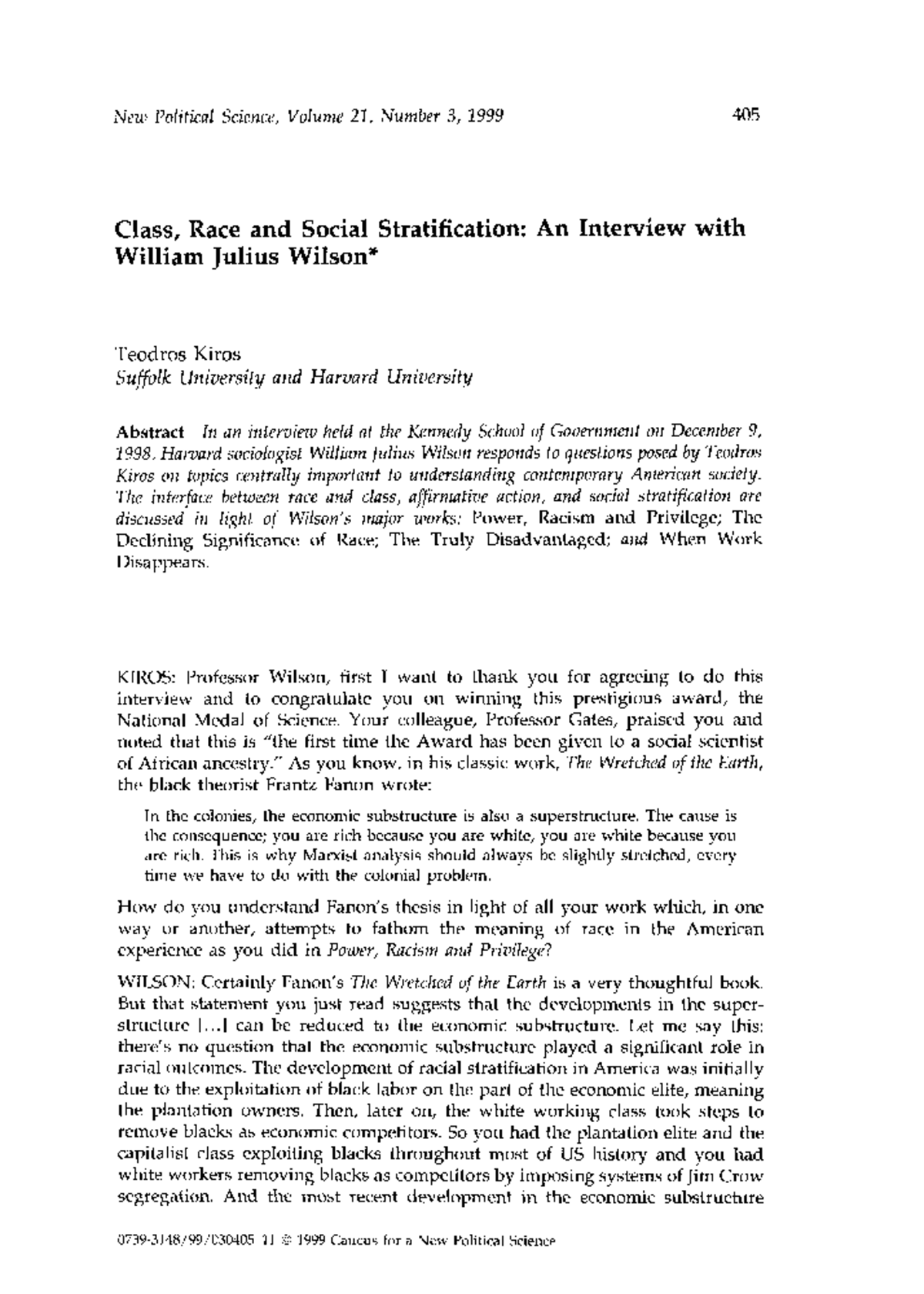 Class, Race, and Social Stratification: Insights from W. J. Wilson (PS 405) - Studocu