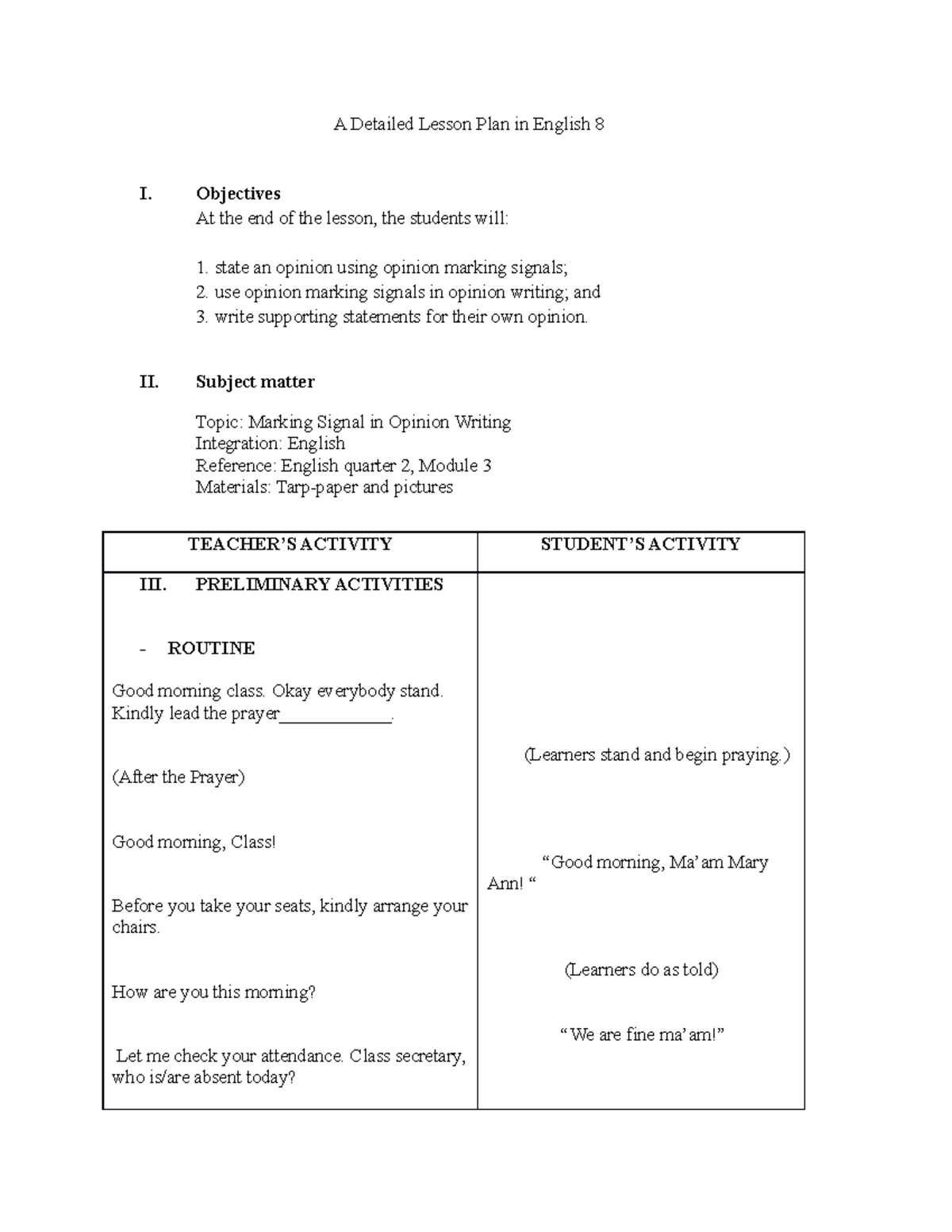 Marking signal in opinion writing - A Detailed Lesson Plan in English 8 ...