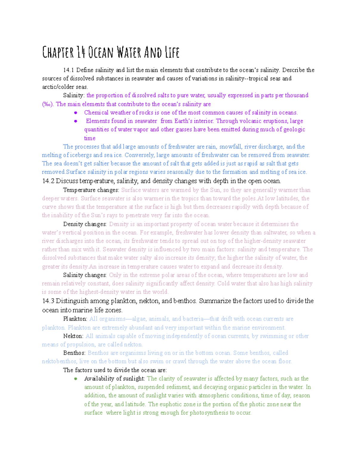 CH14 Ocean Water and Marine Life: Salinity, Density, and Ecology - Studocu