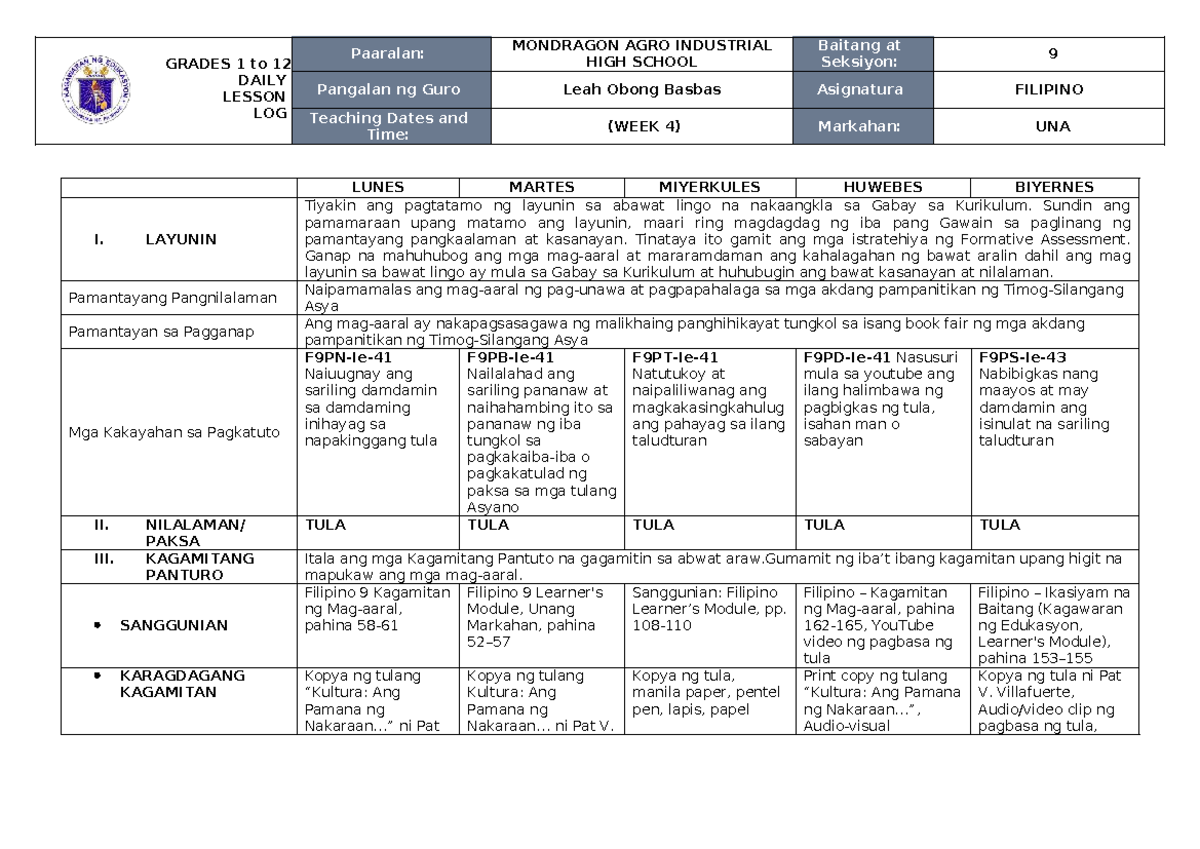 Q1 WK4 FIL 9 DLL - Weekly Lesson Plan for Filipino 9 - Studocu