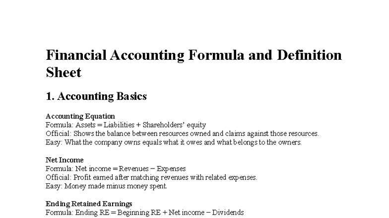 Financial Accounting Formulas & Definitions Sheet 217 - Final Exam ...