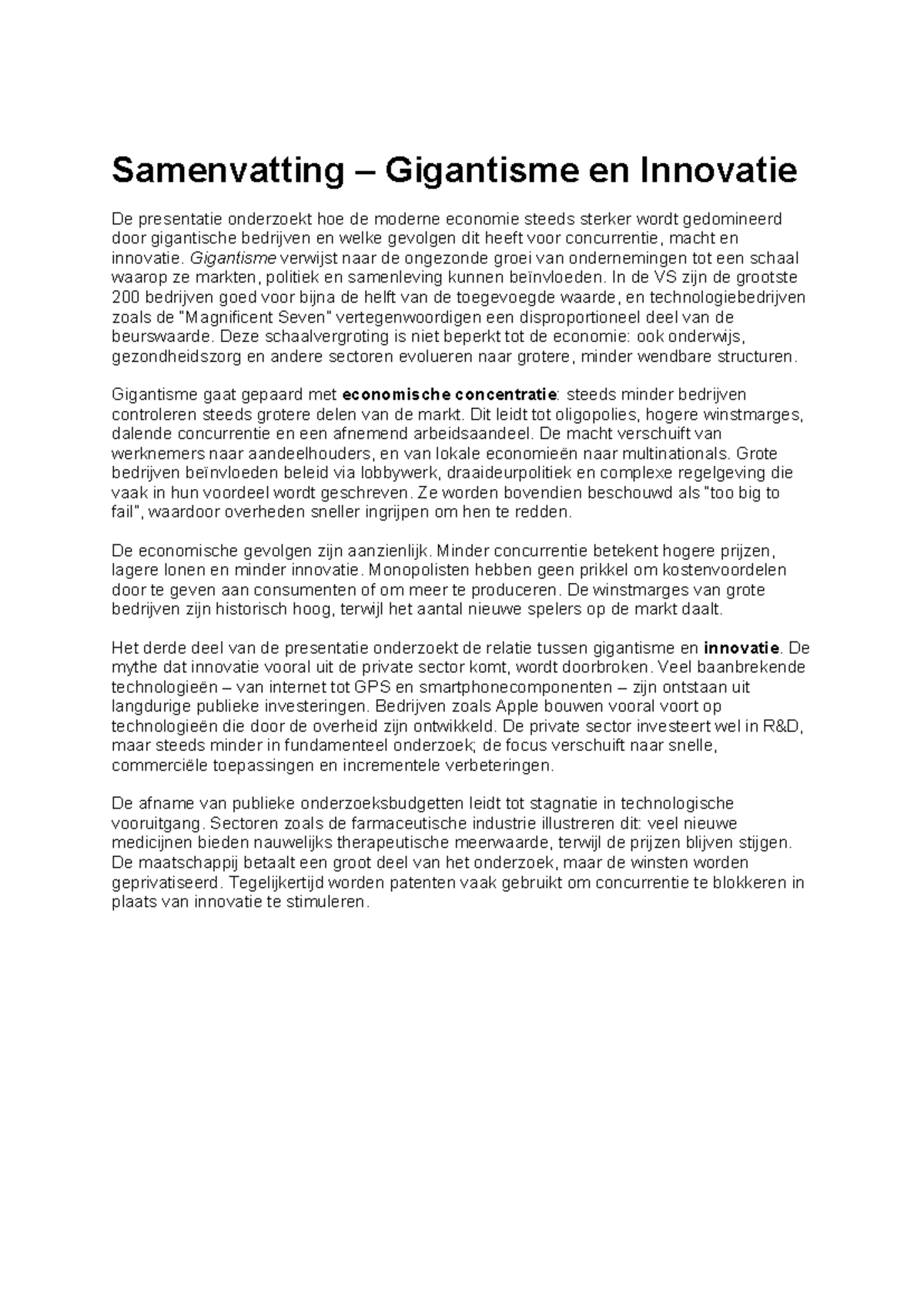 Samenvatting Gigantisme en Innovatie: Economische Impact en Gevolgen ...