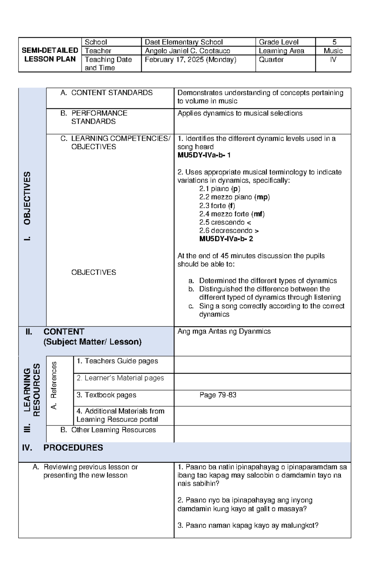 SEMI Detailed Lesson Plan on Music Dynamics for Grade 5 - Studocu