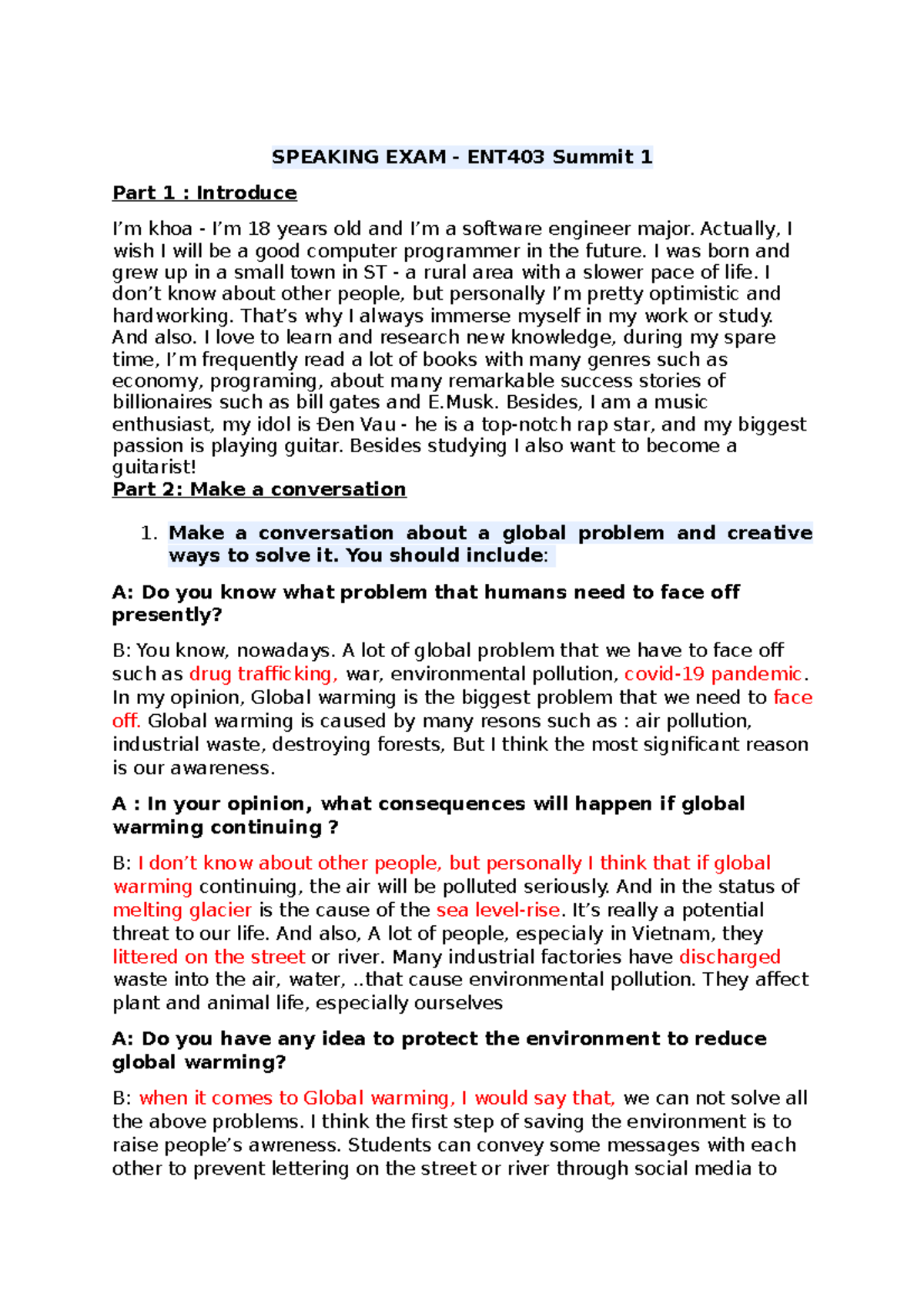 Speaking Final Exam - ENT403 Conversations on Global Issues and Art ...
