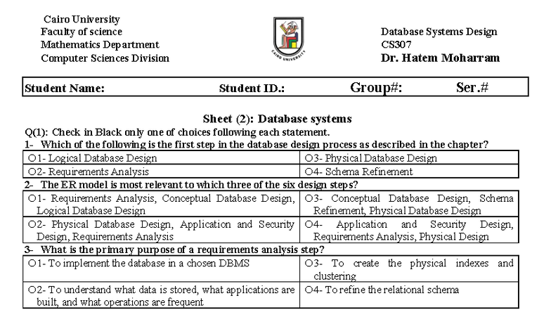 CS307 Database Systems Design Sheet (2) - Cairo University - Studocu