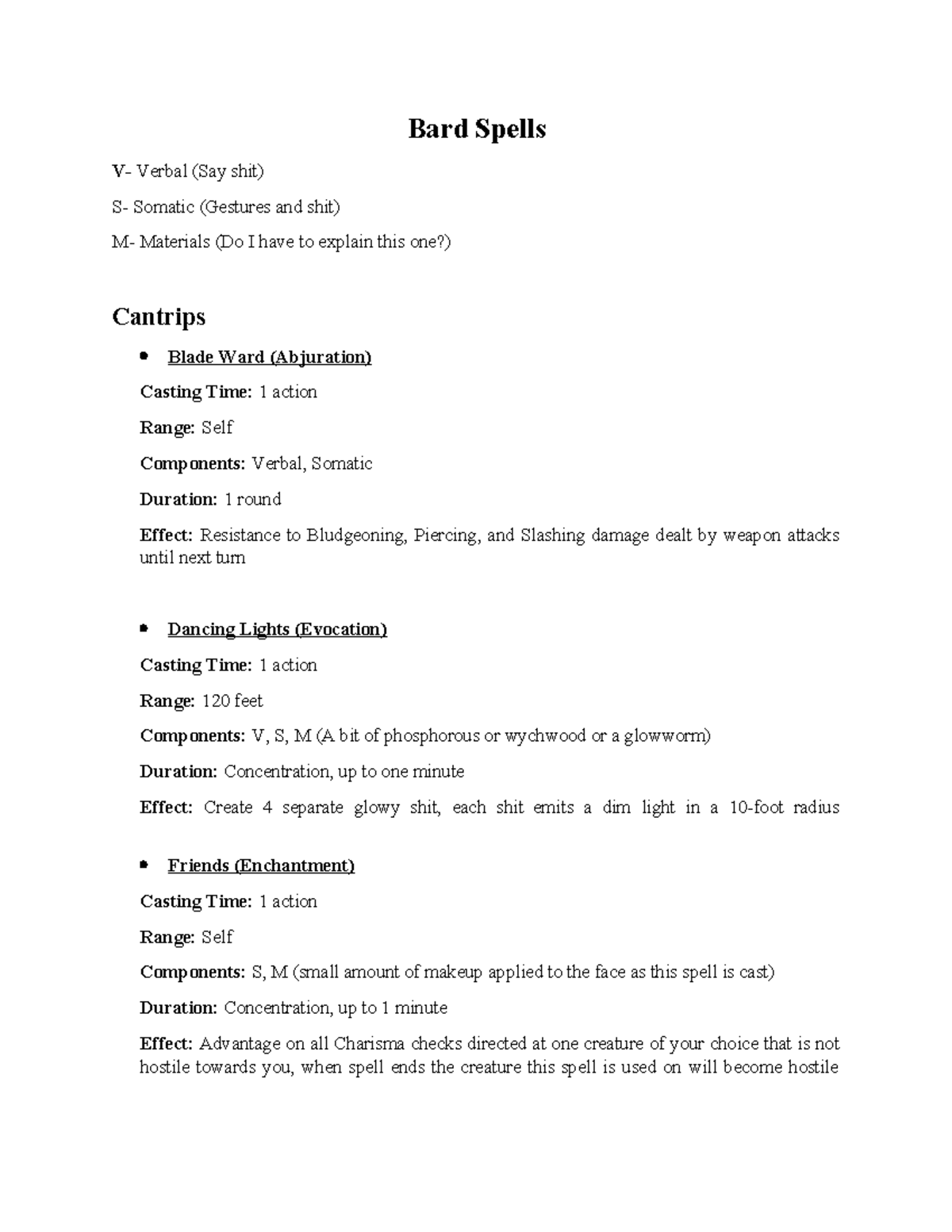 Bard Spells Overview: Verbal, Somatic, and Material Components - Studocu