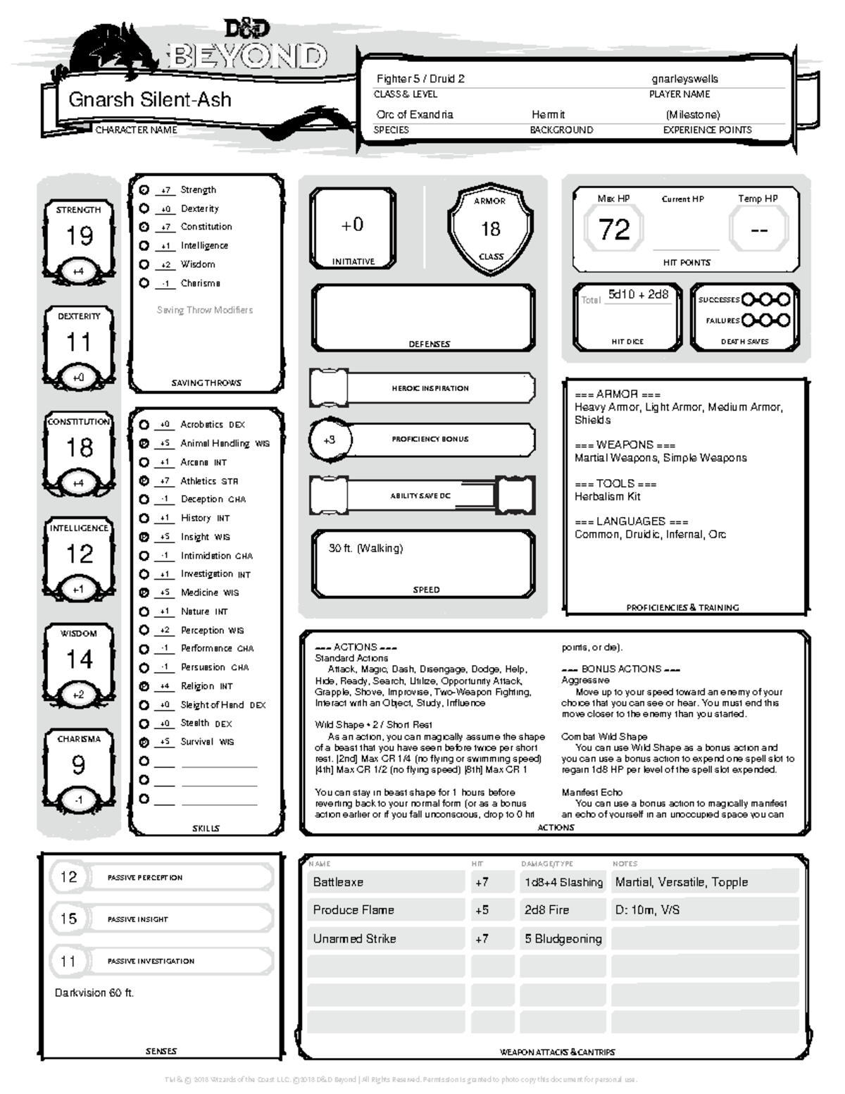 Gnarsh: Character Sheet for Fighter 5 / Druid 2 (Exandria) - Studocu
