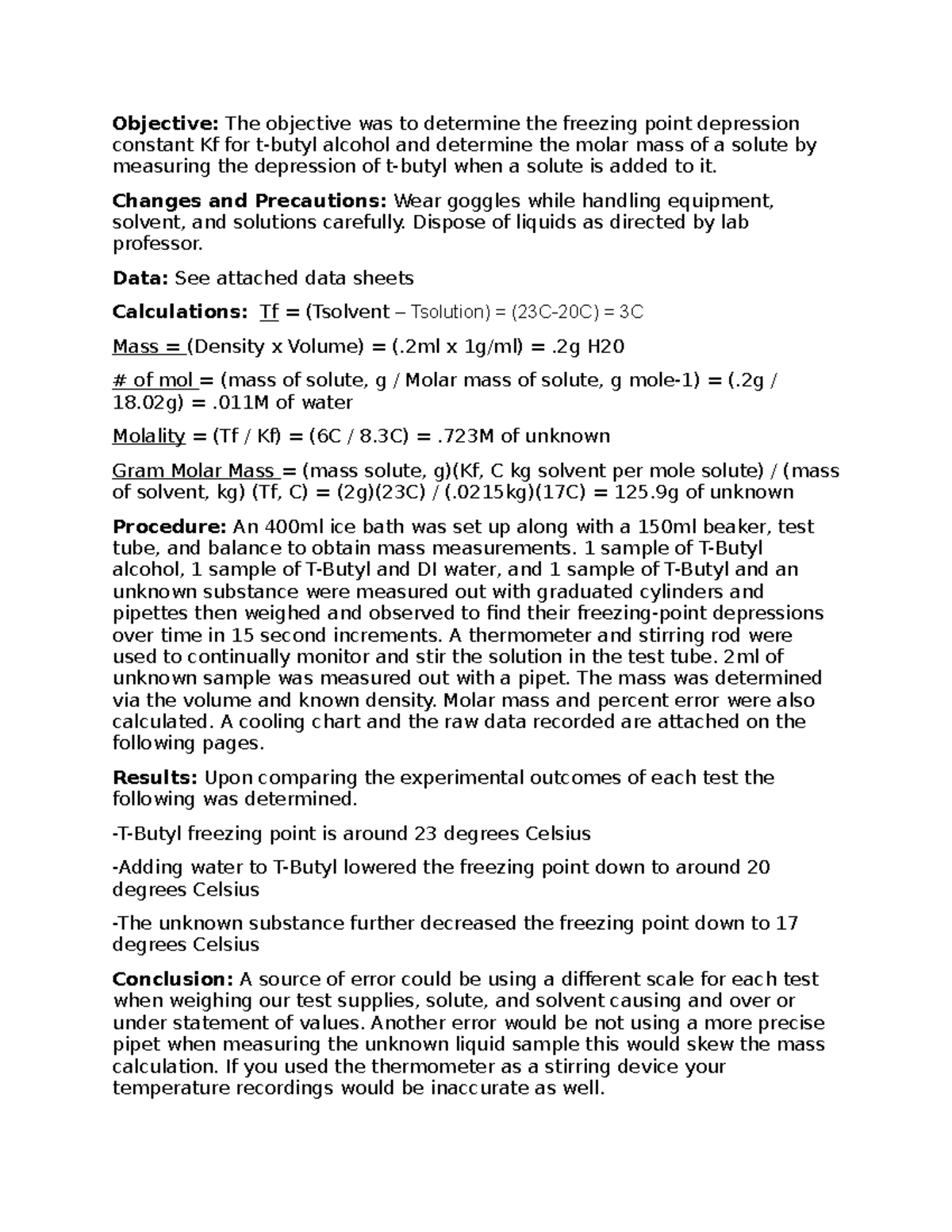 Freezing Point Depression Lab (Chem 101) - Kf & Molar Mass ...