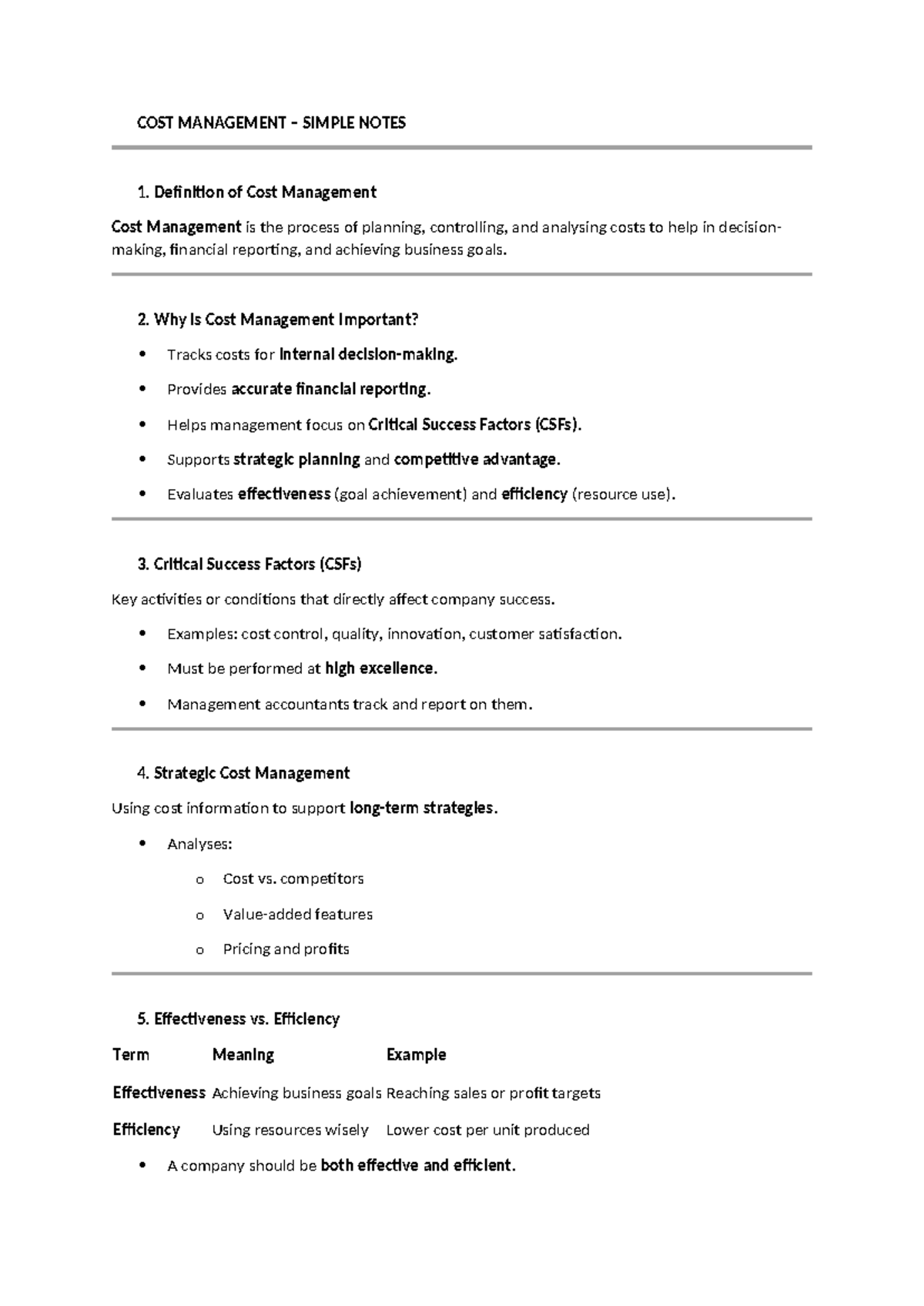 COST MANAGEMENT SIMPLE NOTES: Key Concepts and Definitions - Studocu