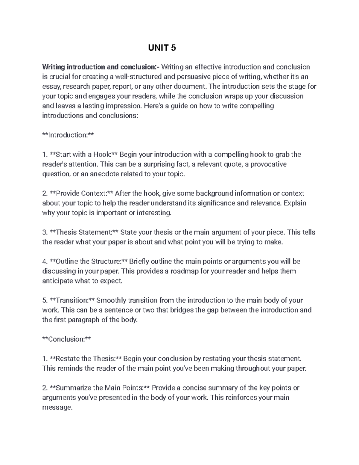 UNIT 5 -Writing introduction and conclusion - The introduction sets the stage for your topic and ...