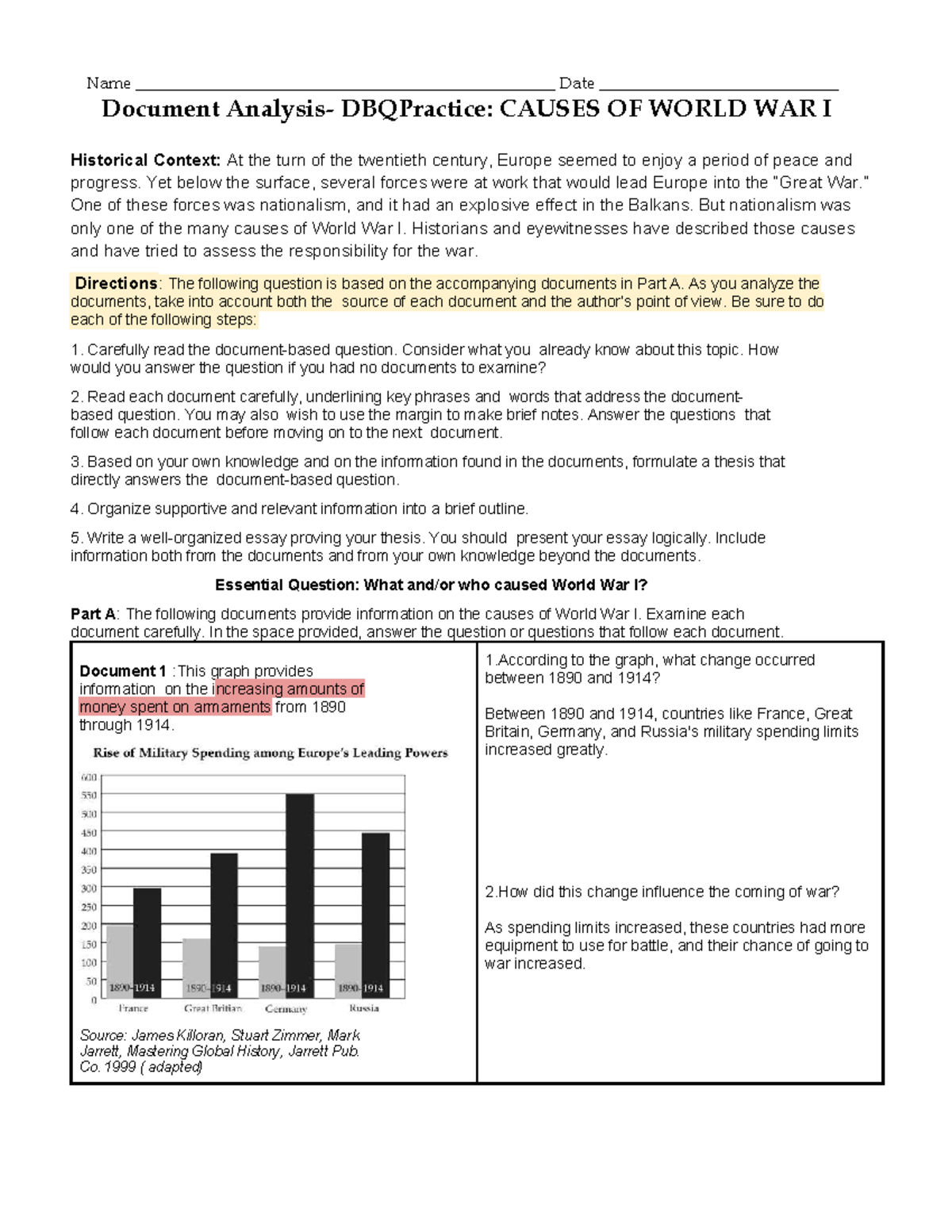 DBQ Practice: Analyzing the Causes of WWI - Historical Context and ...
