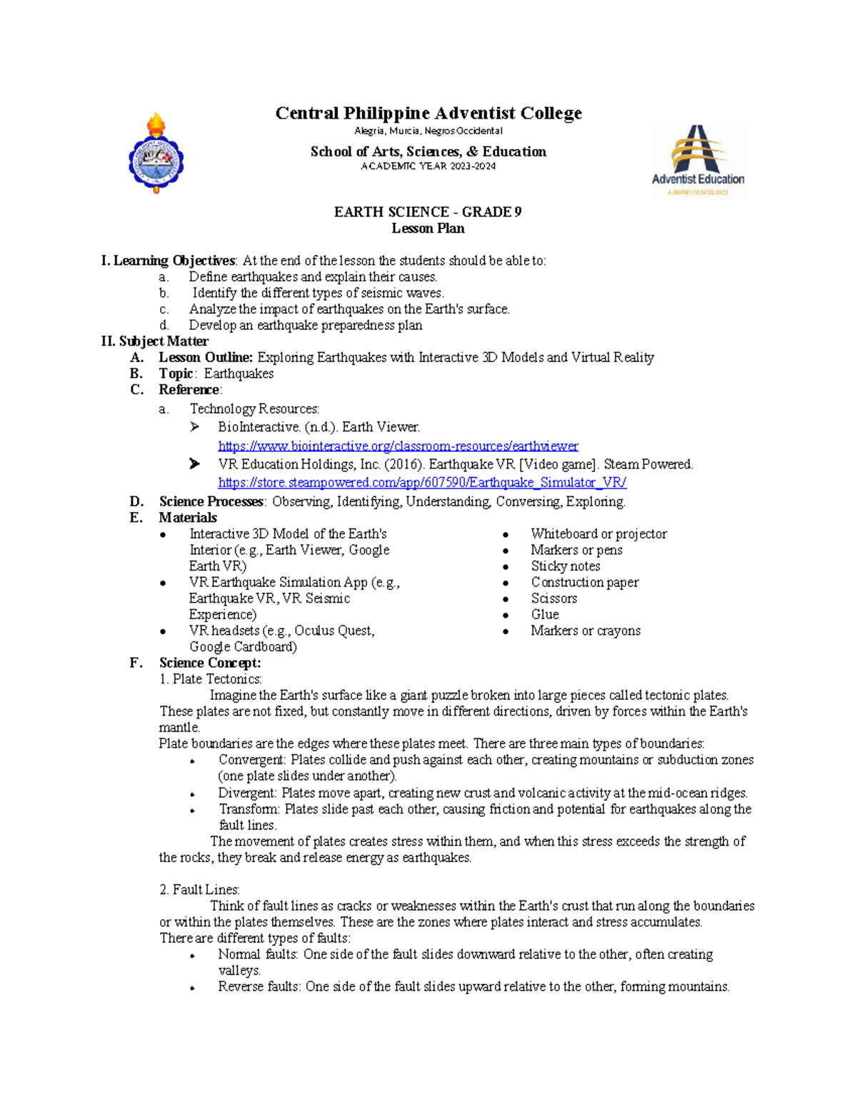 Grade 9 Earth Science Lesson Plan: Understanding Earthquakes and Safety ...