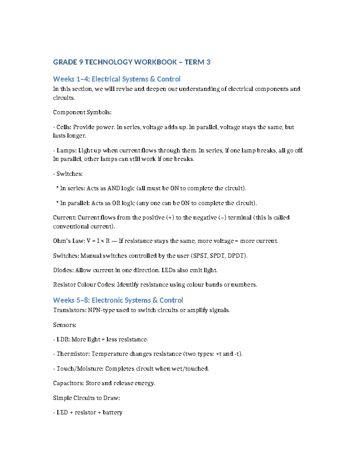 Grade 9 Technology Workbook Term 3: Electrical Systems & Activities ...