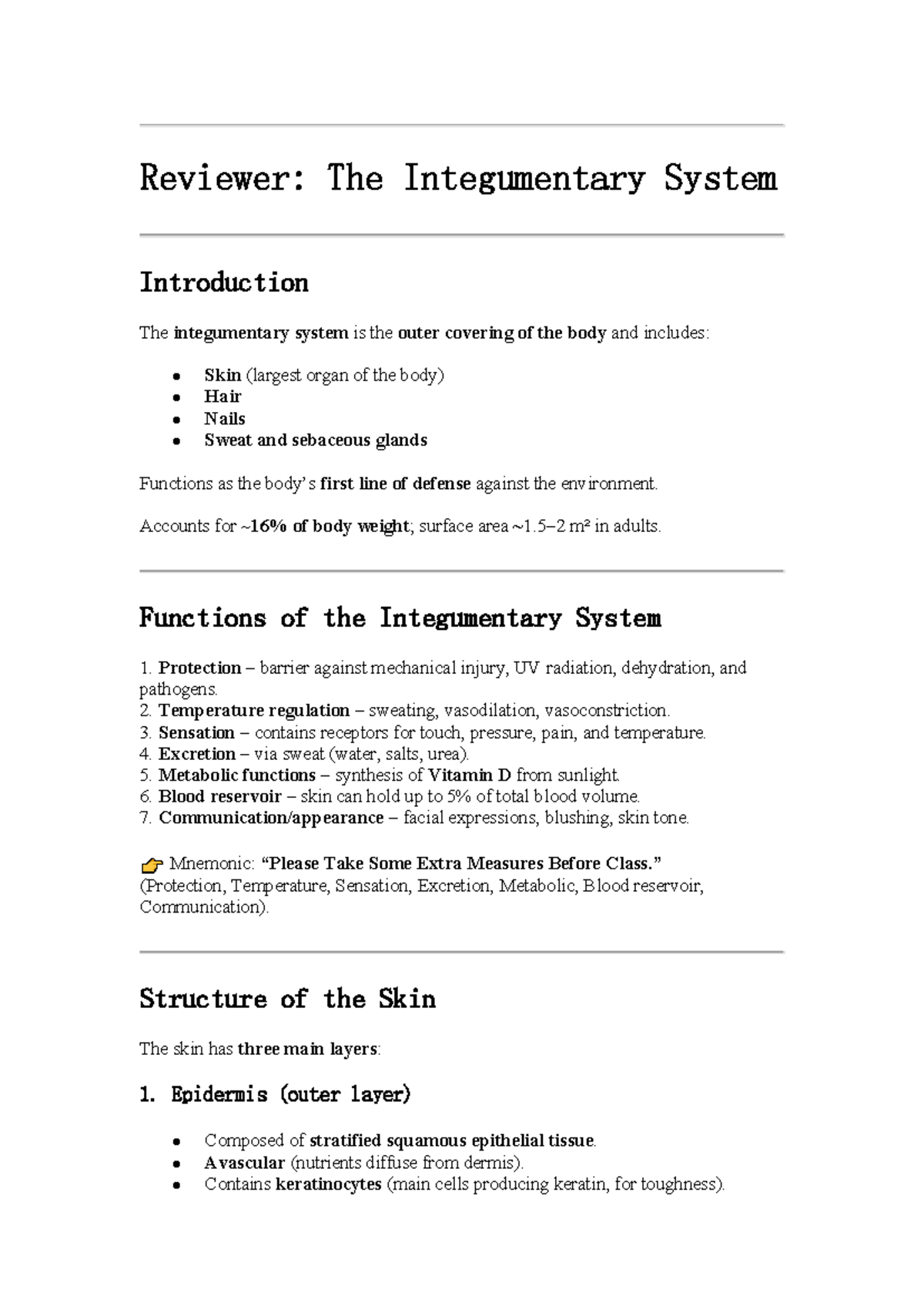 Anaphy 101: Overview of the Integumentary System Functions and Structure - Studocu