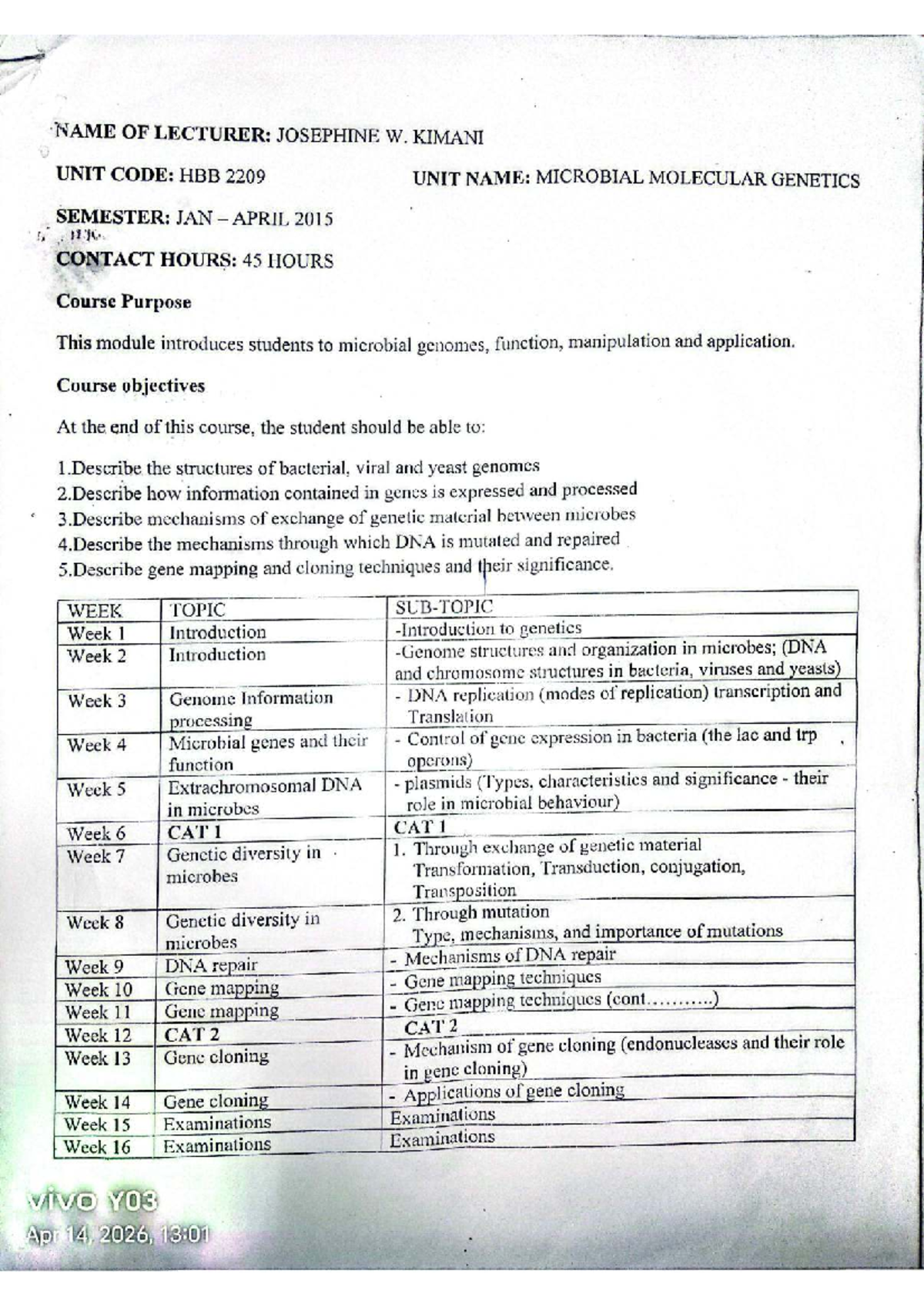 Microbial Molecular Genetics Notes (HBB 2209) - Jan-April 2015 - Studocu